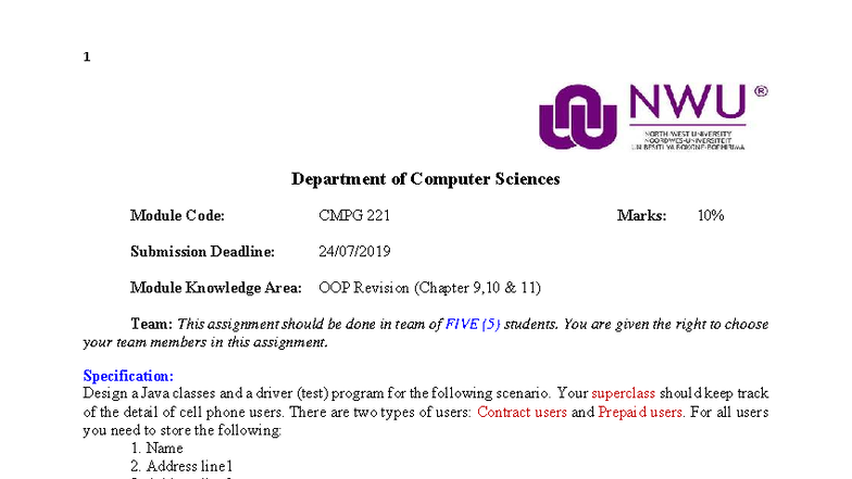 CMPG 221 - OOP Revision: Java Cell User Class Design Assignment - Studocu