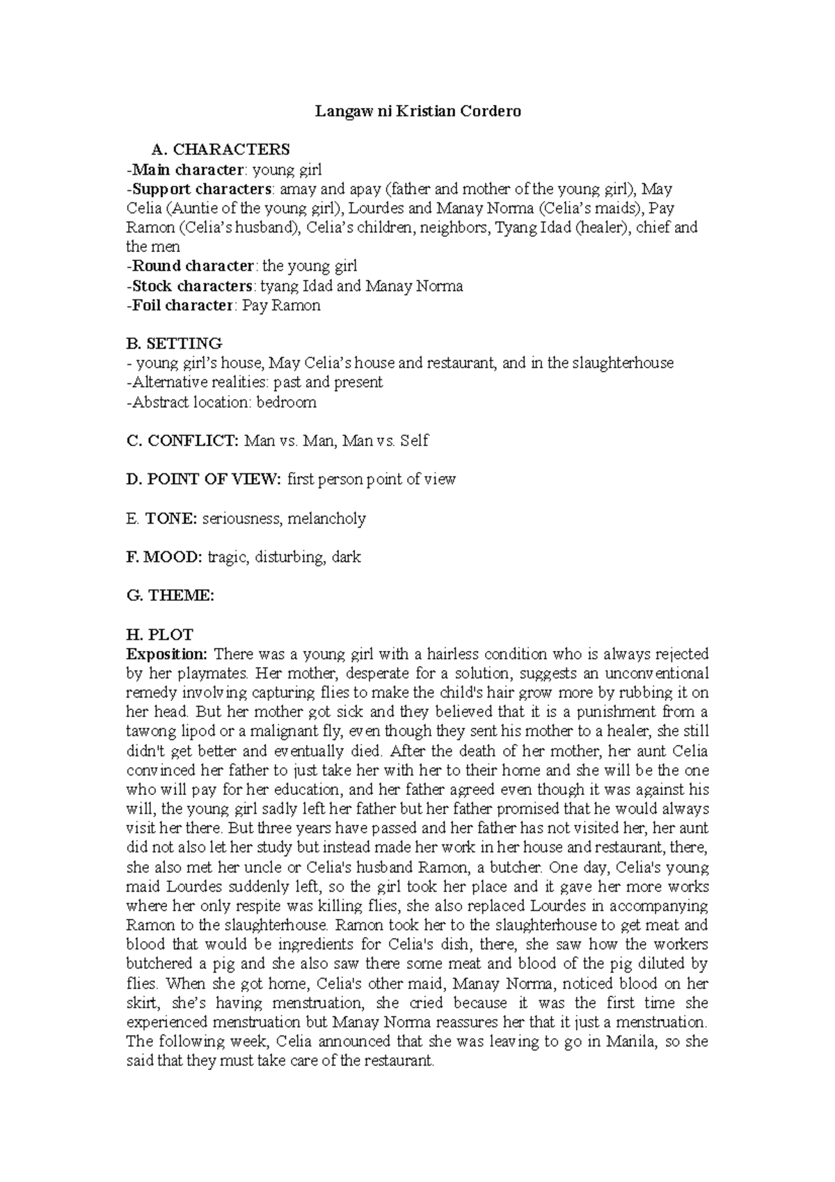 Langaw (English Version): Character and Plot Analysis of "Langaw" - Studocu