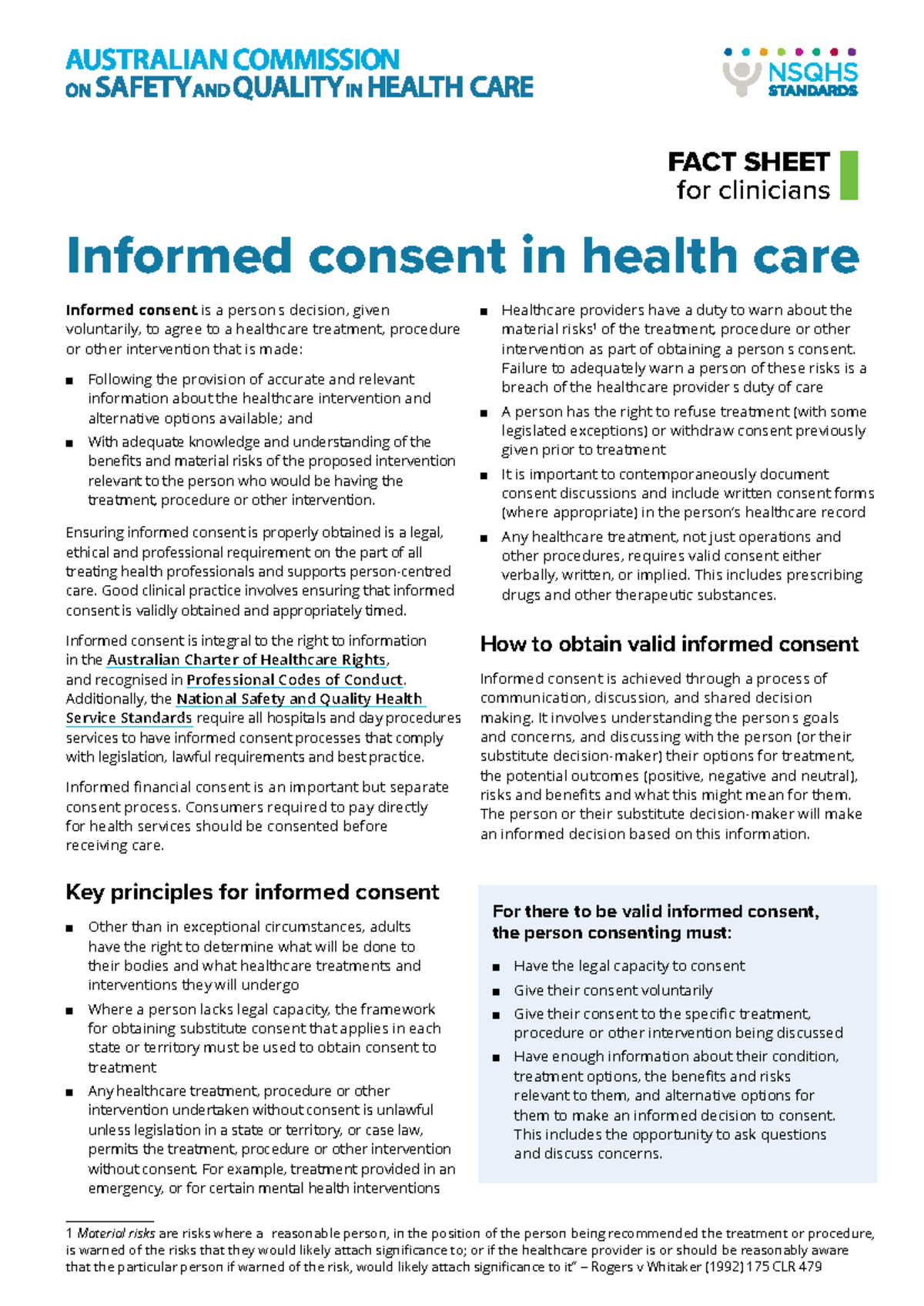 Clinician's Fact Sheet: Understanding Informed Consent in Health Care ...