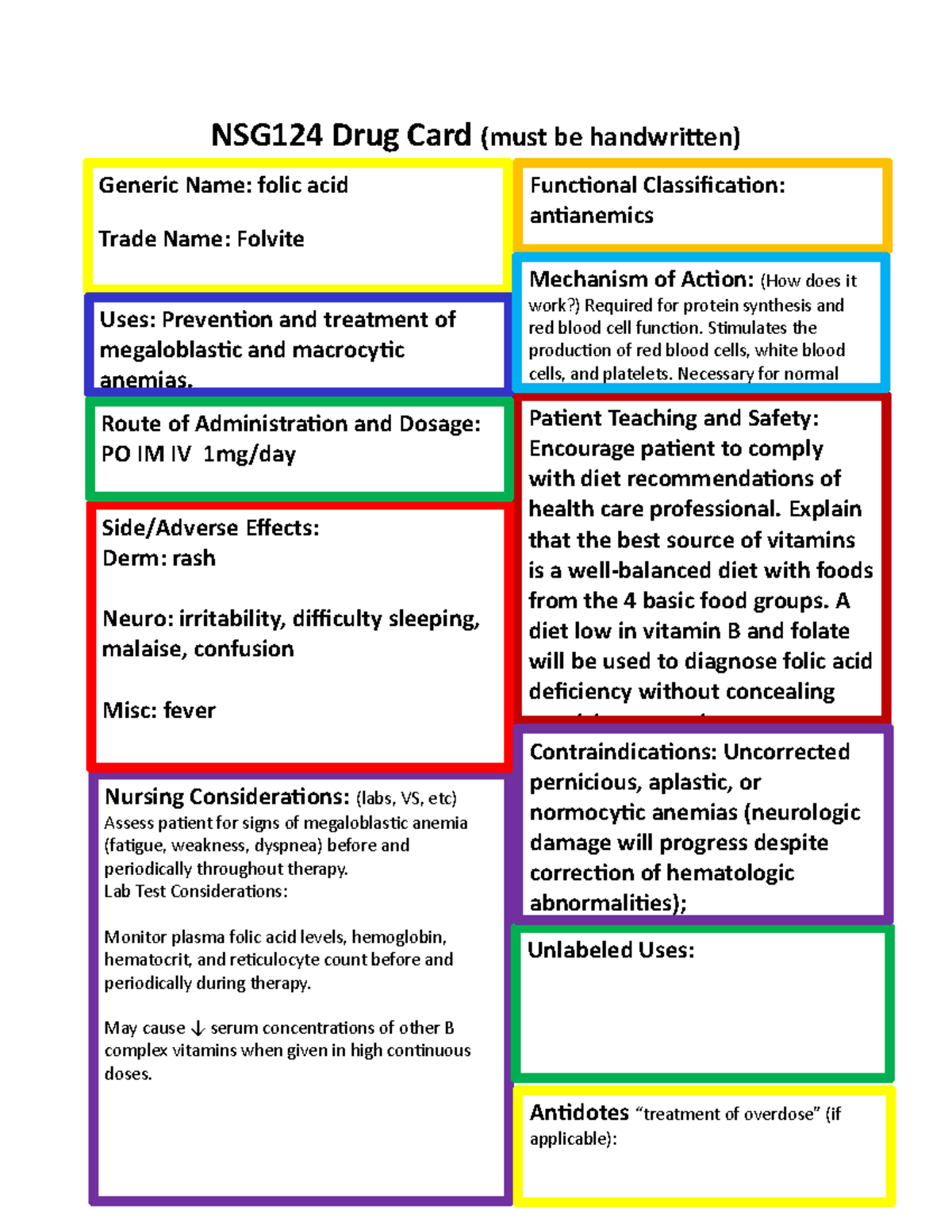 NSG124 Folic Acid Drug Card: Nursing Considerations & Key Info - Studocu