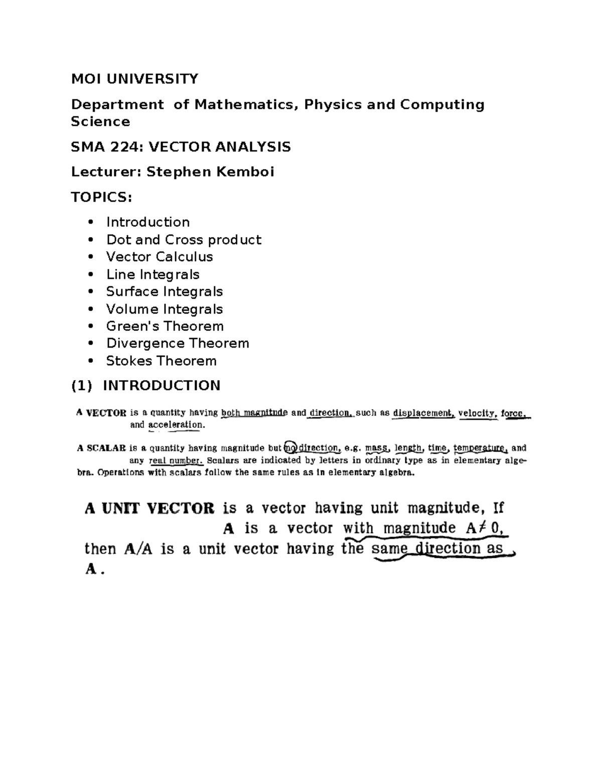 SMA 224: Vector Analysis Lecture Notes and Examples - Studocu