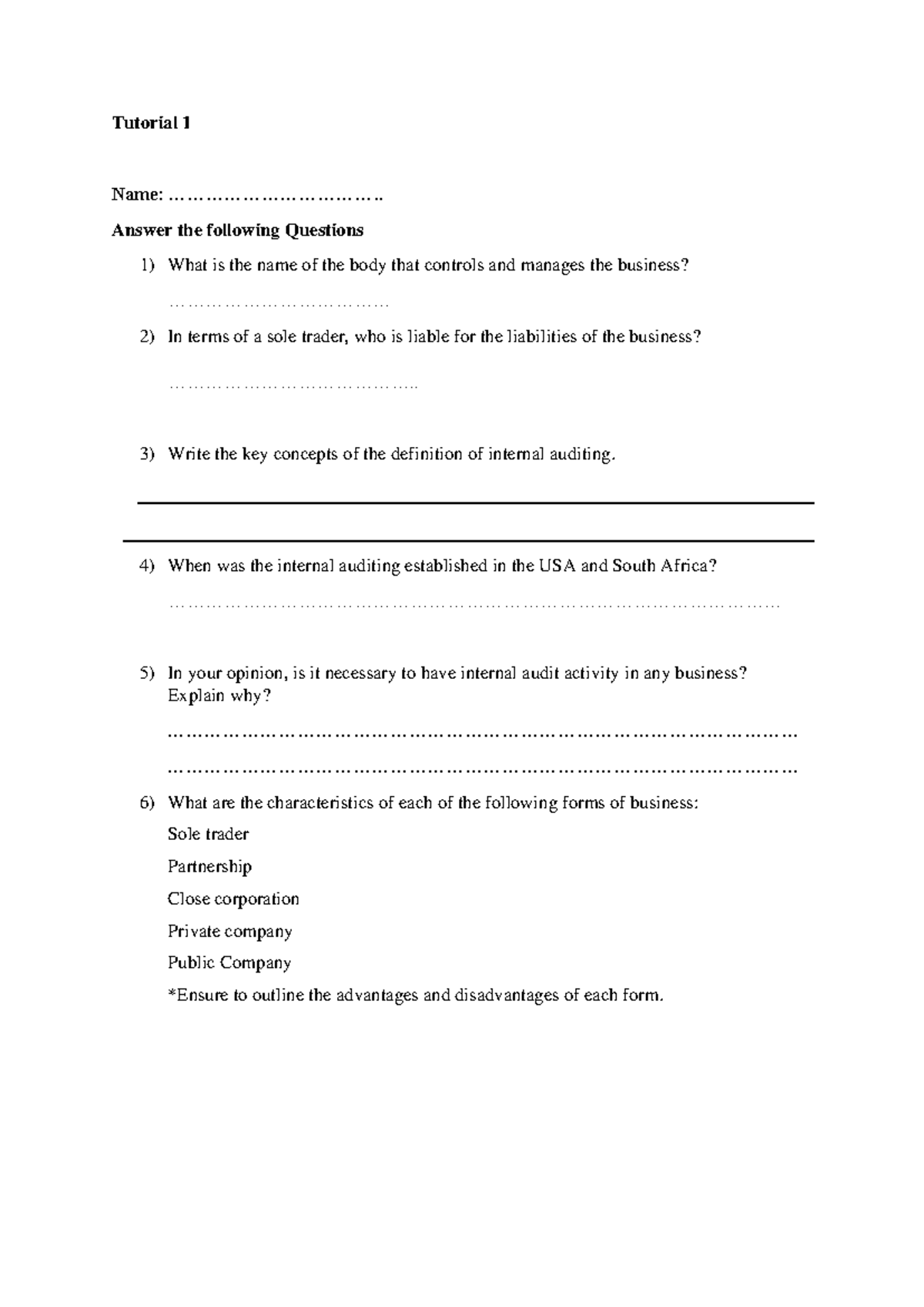 Tutorial 1: Key Questions on Business Management & Internal Auditing ...