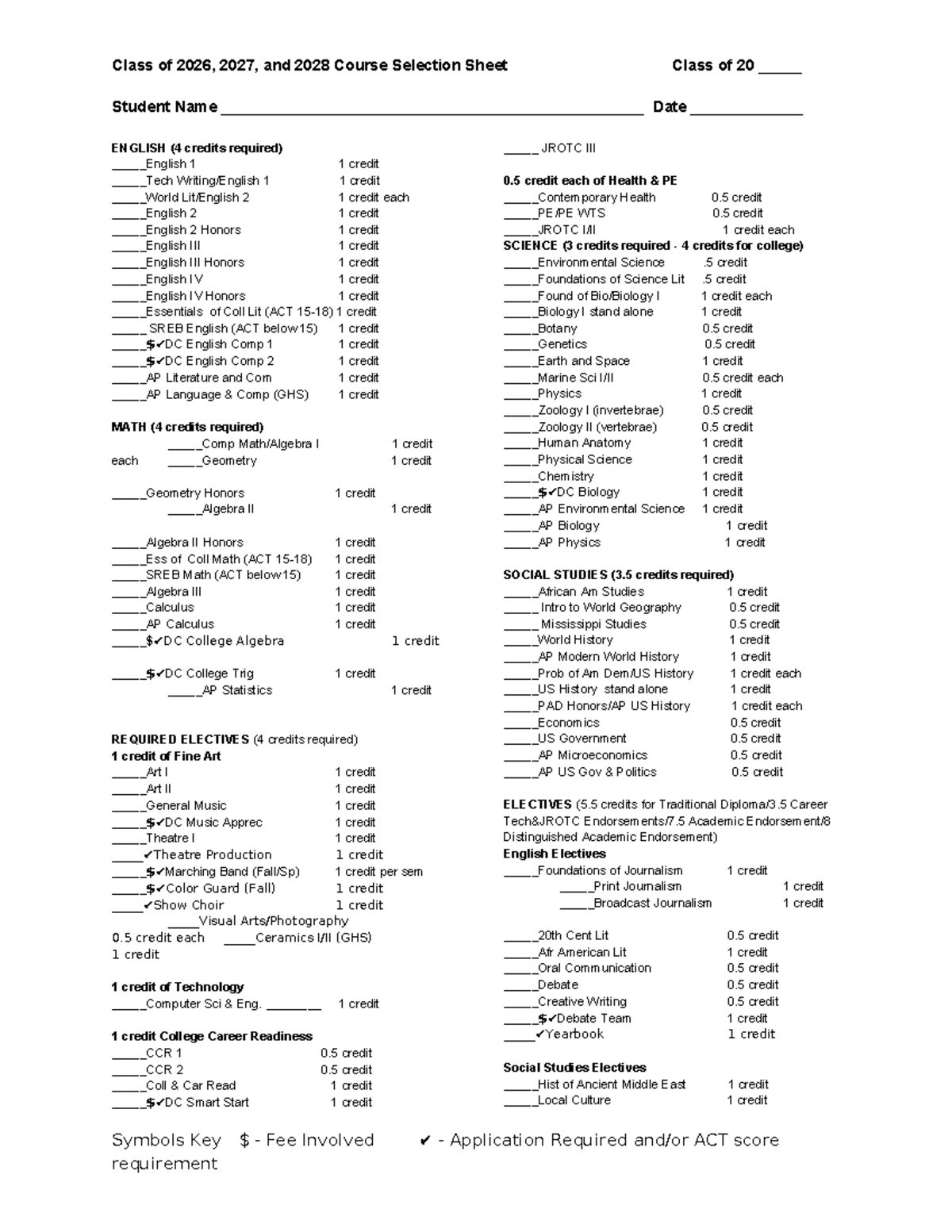 2 column Course Selection Sheet 2025-2026 - Class of 2026, 2027, and ...
