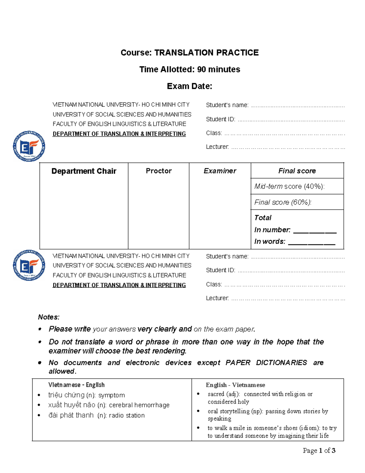 TRANSLATION PRACTICE: Mid-term Exam Document (TRANSLATION 101) - Studocu