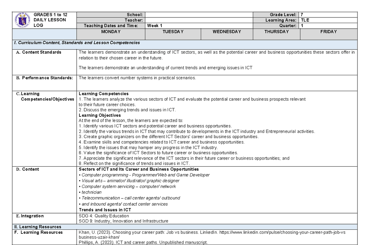 Week 1 - Grade 7 TLE Daily Lesson Log: ICT Careers & Trends - Studocu