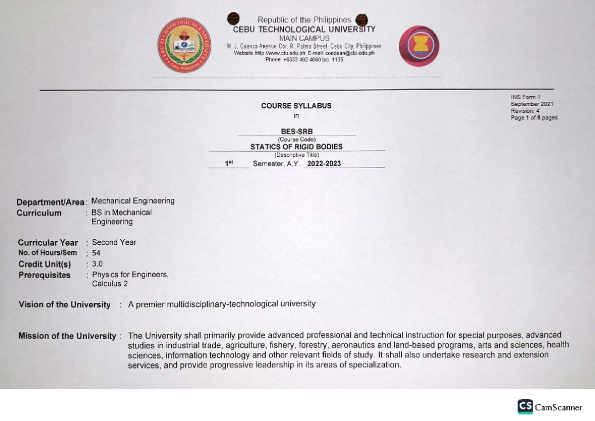 BES SRB Course Syllabus: Statics of Rigid Bodies (1st Sem, A.Y. 2021 ...