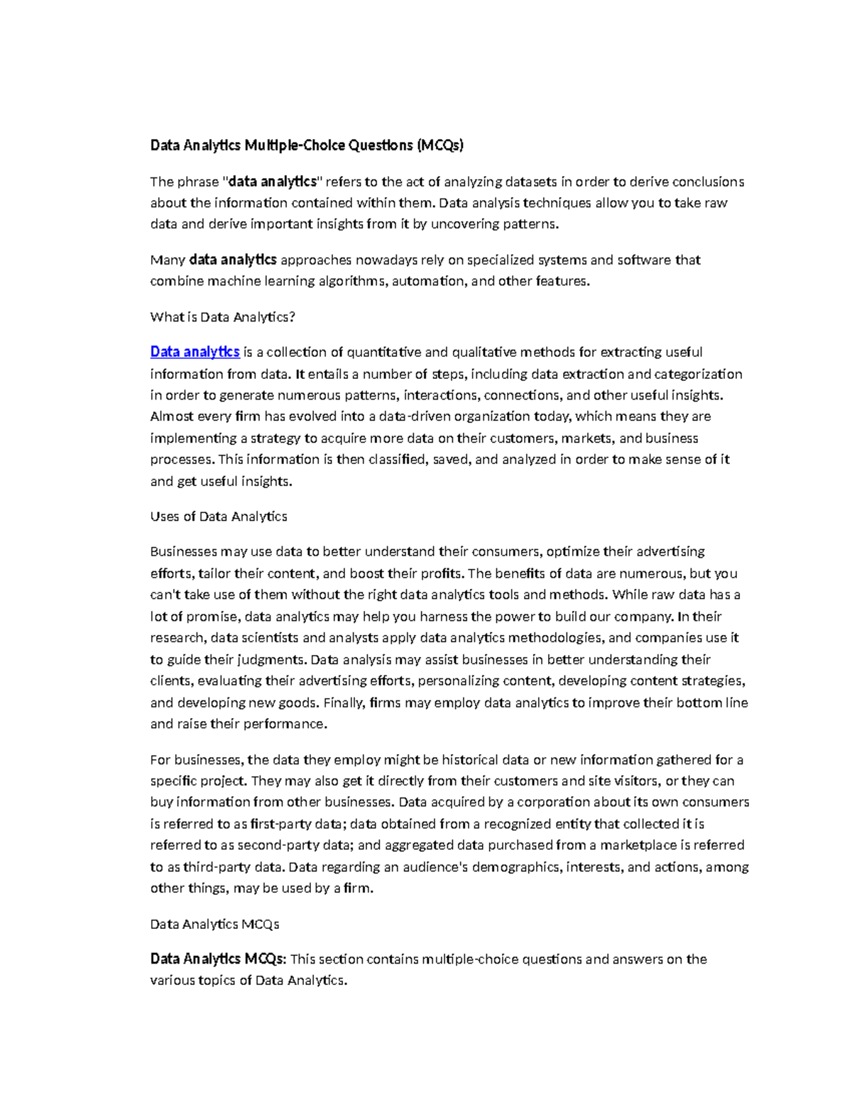 BA - BA q&a - Data Analytics Multiple-Choice Questions (MCQs) The ...