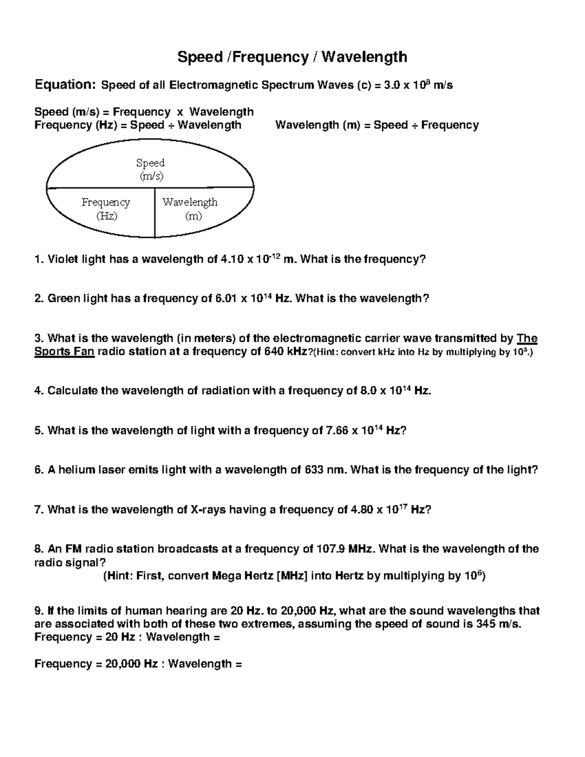 Worksheet frequency wavelength Energy - Speed /Frequency / Wavelength ...