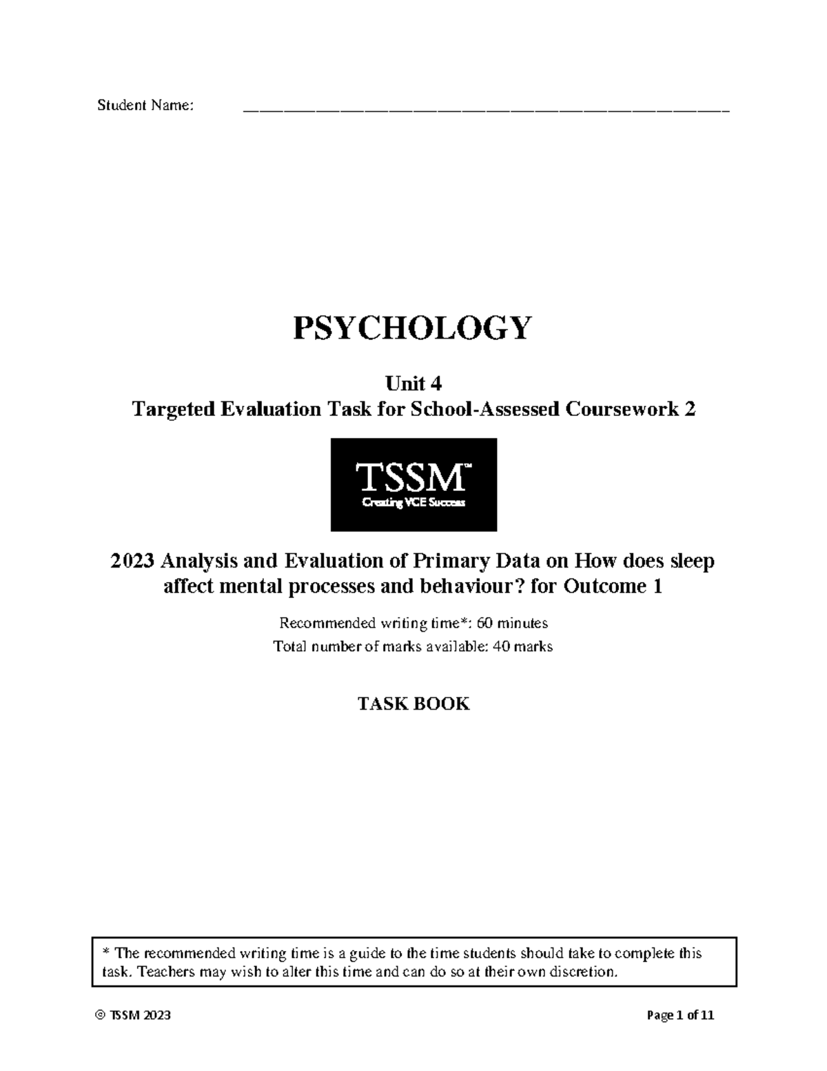 Psychology 2023 Unit 4 Outcome 1 TET 2: Sleep & Mental Processes ...