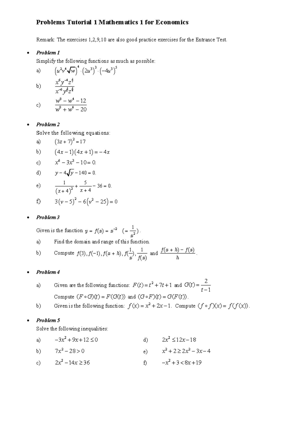 Math 101: Tutorial & Homework Problems for Entrance Test Prep - Studeersnel