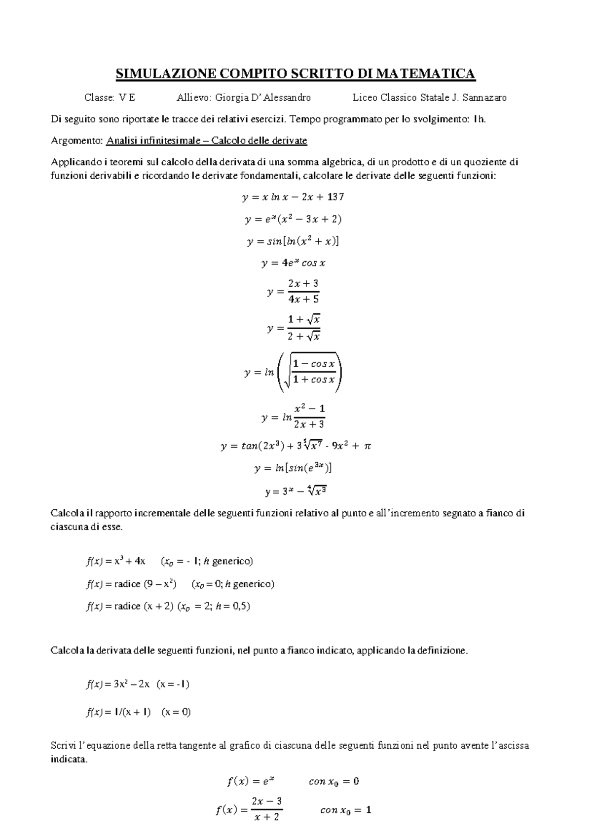 SIMULAZIONE COMPITO SCRITTO DI MATEMATICA - DERIVATE Classe V E - Studocu