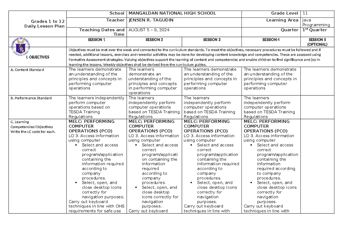 JAVA - Q1 - WEEK 4 - Lesson 3 Daily Lesson Plan - Studocu
