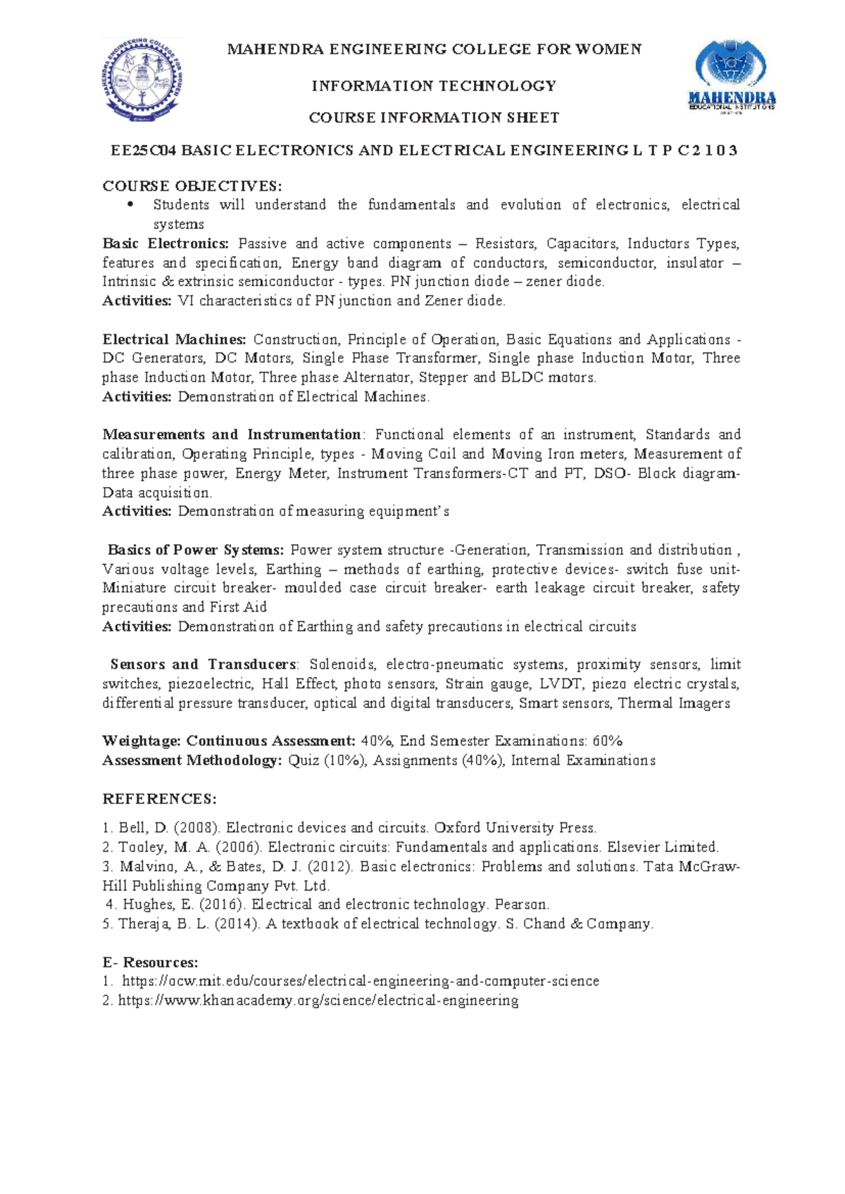 EE25C04 Basic Electronics and Electrical Engineering Syllabus & Lab Manual - Studocu