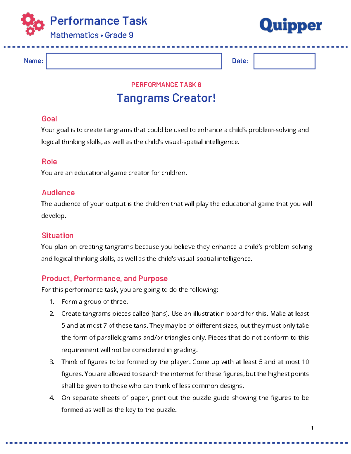 Mathematics 9 - Tangrams Creator Performance Task Guide - Studocu