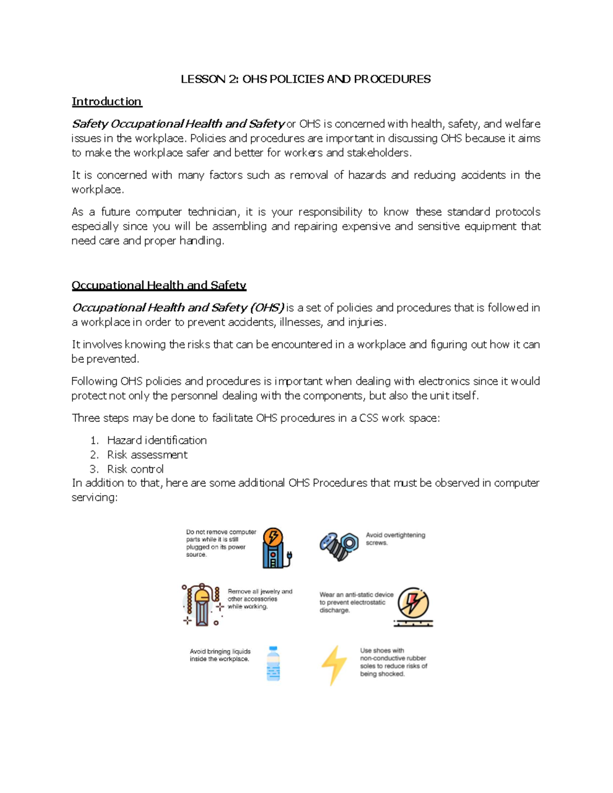 Lesson 2: OHS Policies & Procedures for Safety Standards - Studocu
