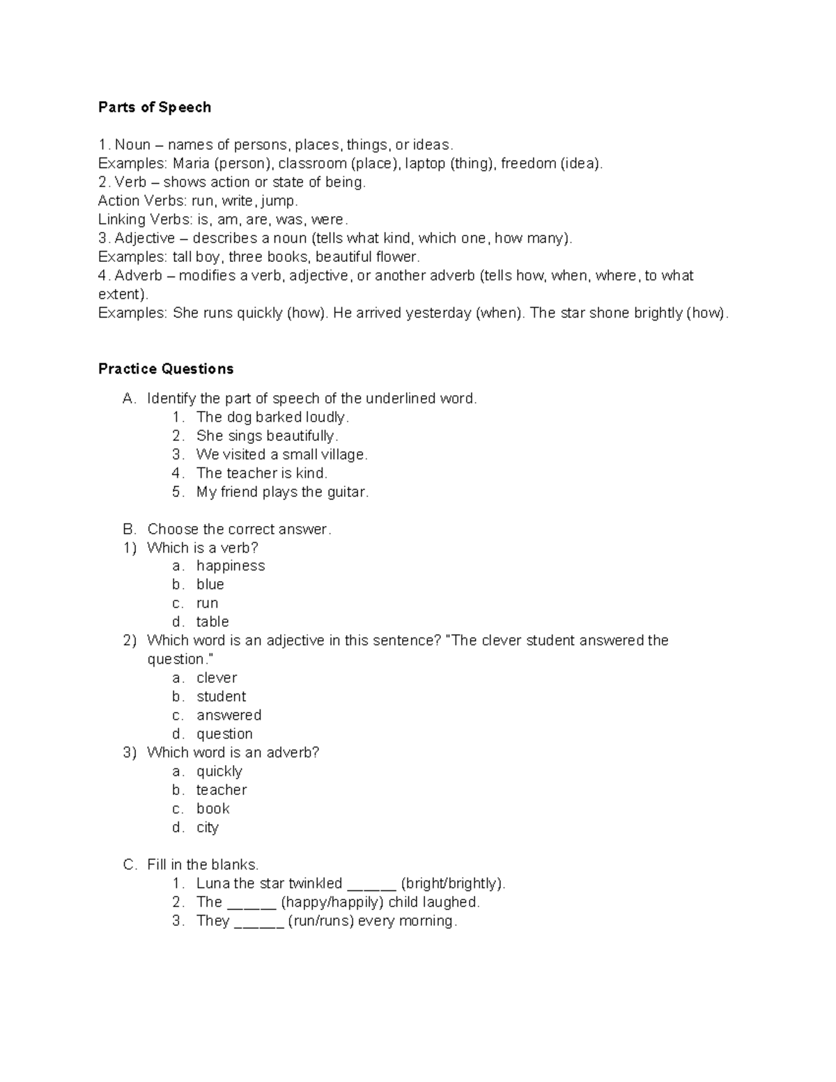 Parts of Speech Overview: Nouns, Verbs, Adjectives, and Adverbs - Studocu