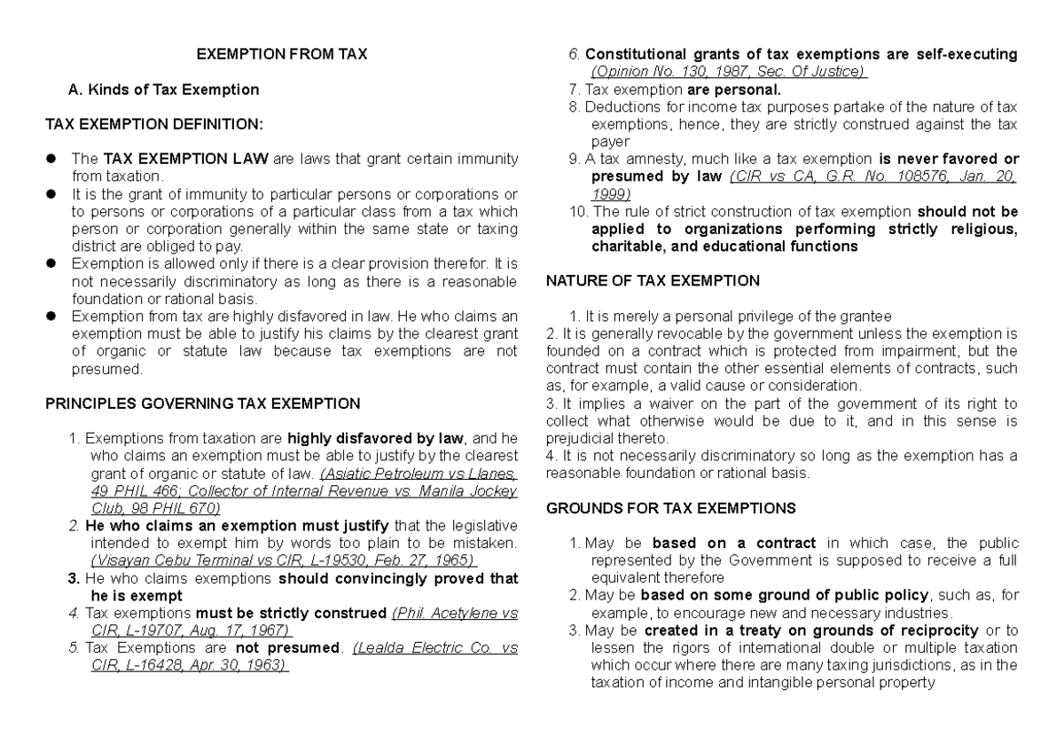 Exemption FROM TAX - Lecture Notes on Tax Law (Notes 1-6) - Studocu