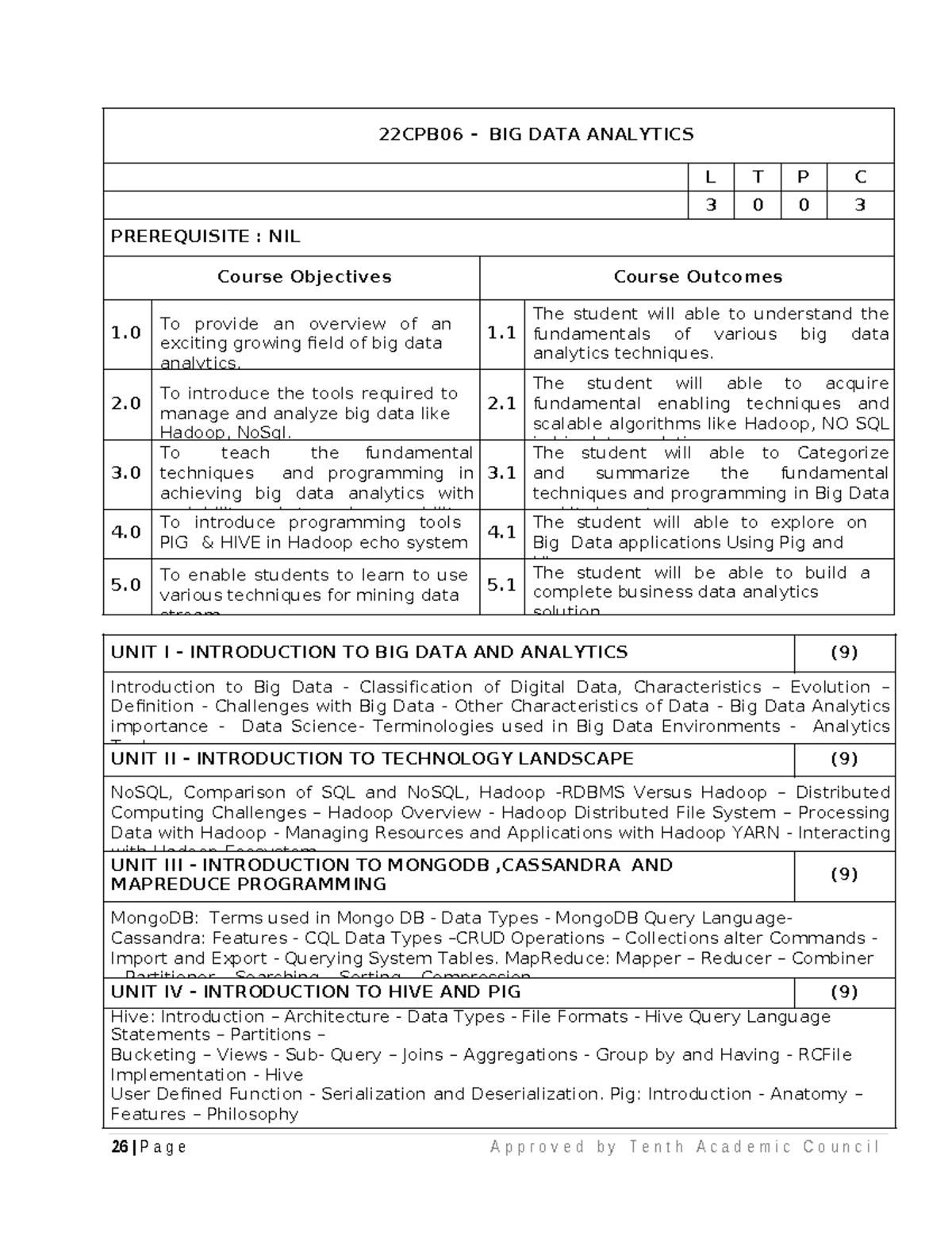 22CPB06 Big Data Analytics Syllabus Overview and Course Details - Studocu