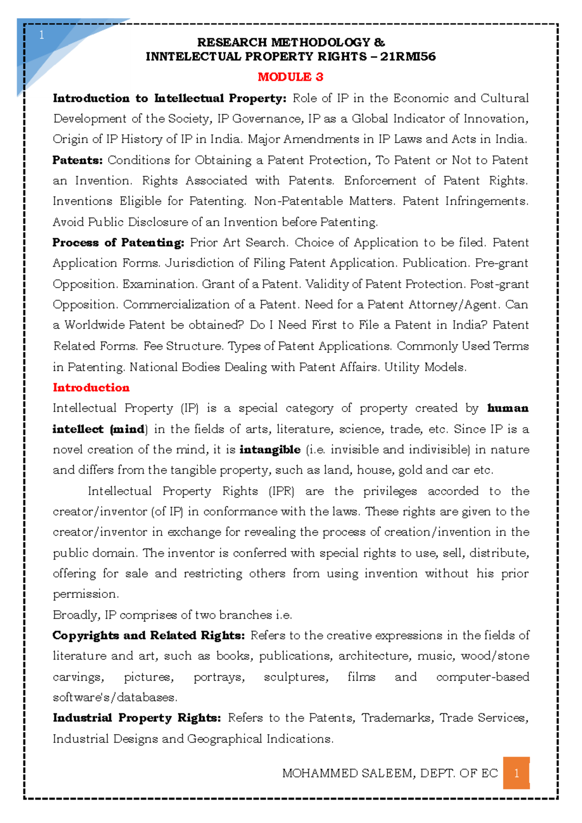 IPR Methods and Processes - Research Methodology 21RMI Module 3 - Studocu