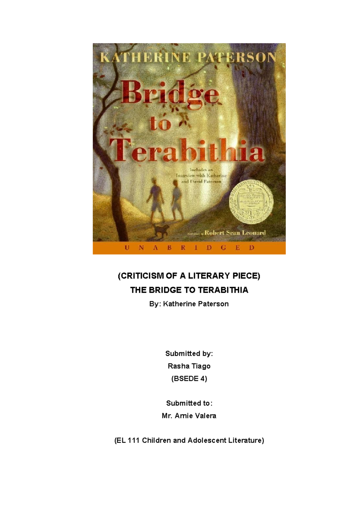 The-Bridge-to-Terabithia - (CRITICISM OF A LITERARY PIECE) THE BRIDGE ...