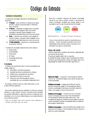 Codigo da Estrada - 12º ano - Ensino Secundário - Studocu