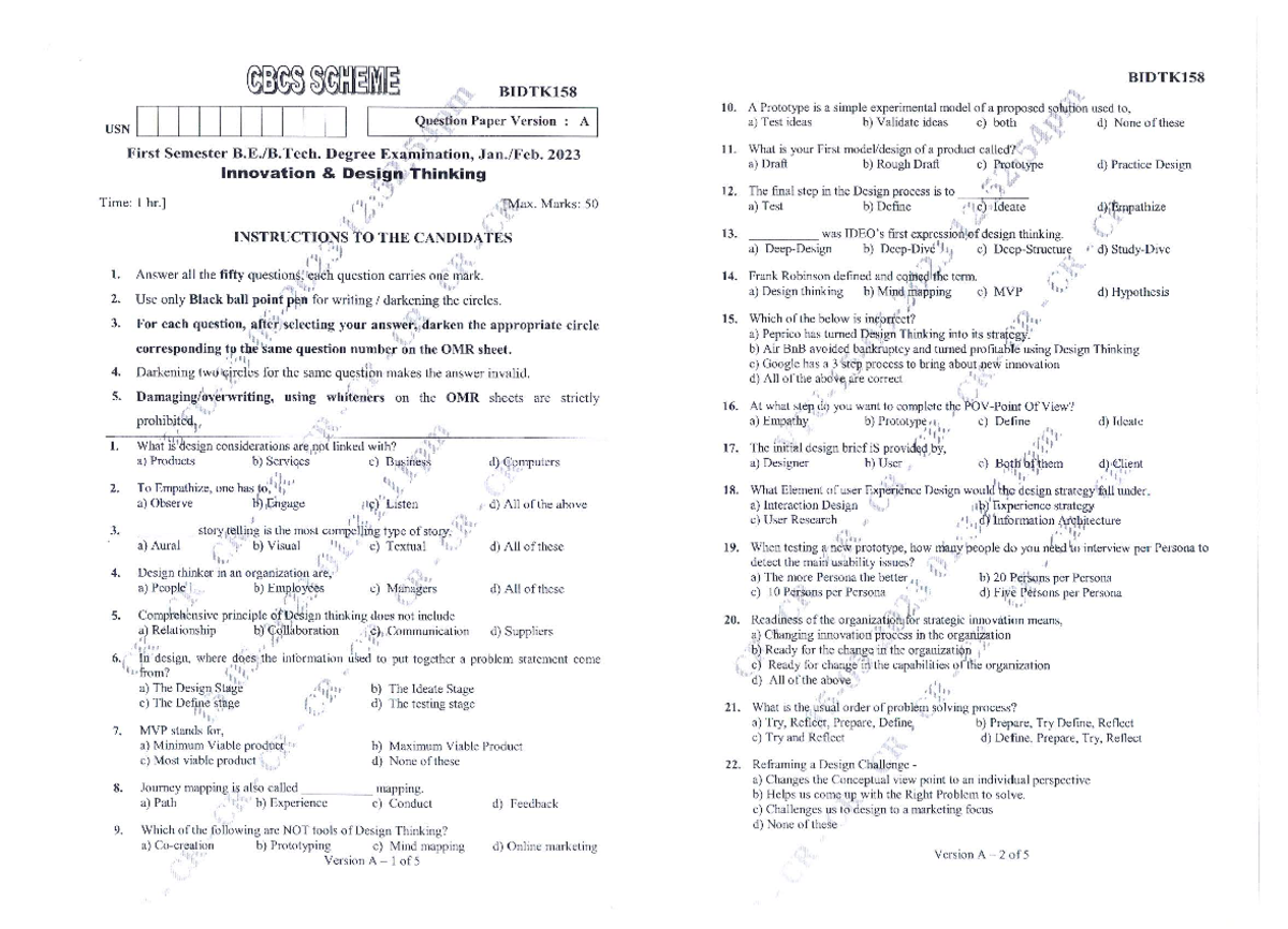 VTU Bidtk 158 Innovation & Design Thinking QP Jan-Feb 2023 - Studocu
