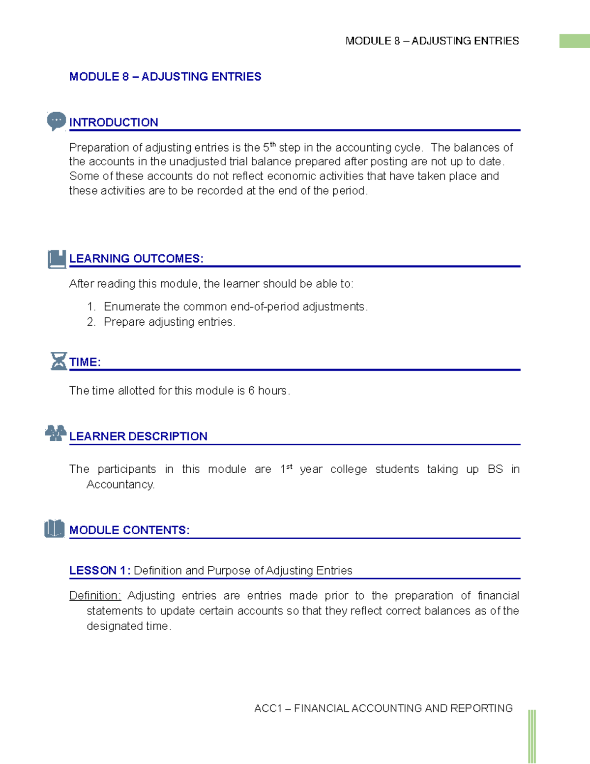 Module-8-Adjusting Entries - MODULE 8 – ADJUSTING ENTRIES INTRODUCTION ...