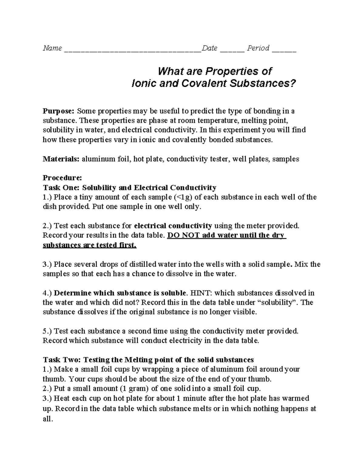 Ionic and Covalent Properties Lab: Analyzing Bonding Types and ...