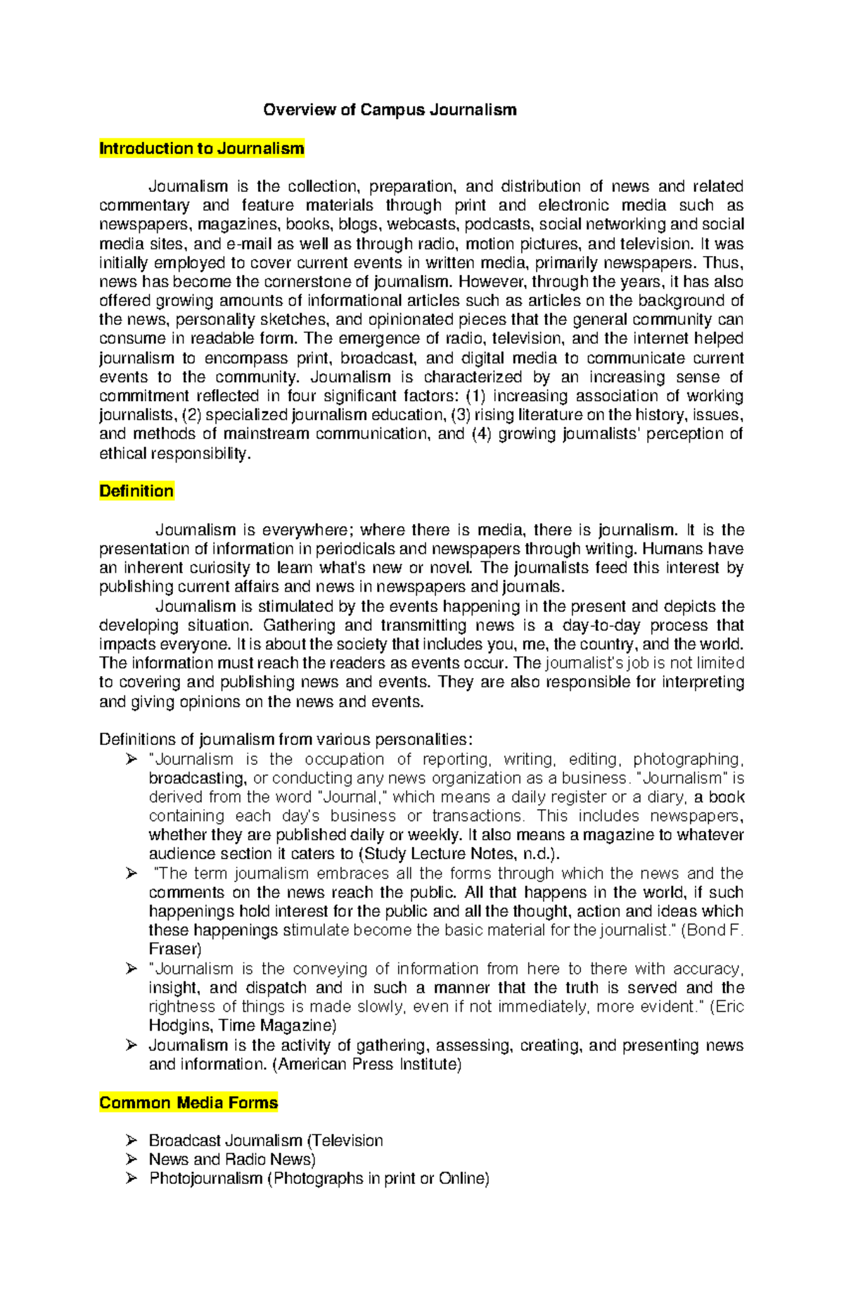 Chapter 1: Introduction to Campus Journalism (JRN101) - Studocu