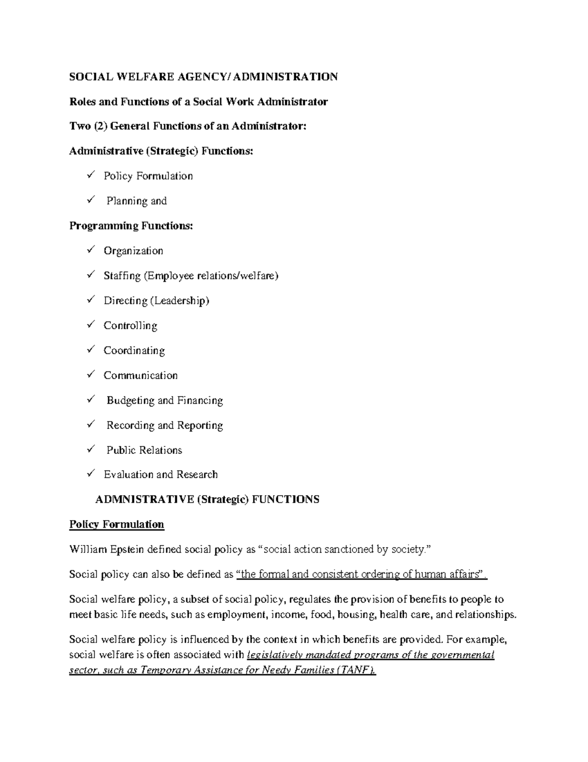 Roles and Functions of Social Welfare Administration (SW 101) - Studocu