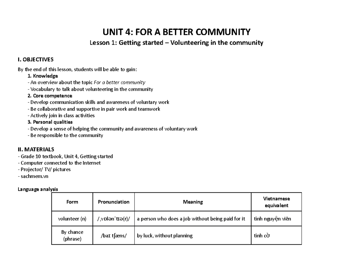 Lesson plan 10 global success UNIT 4 getting started - UNIT 4: FOR A ...
