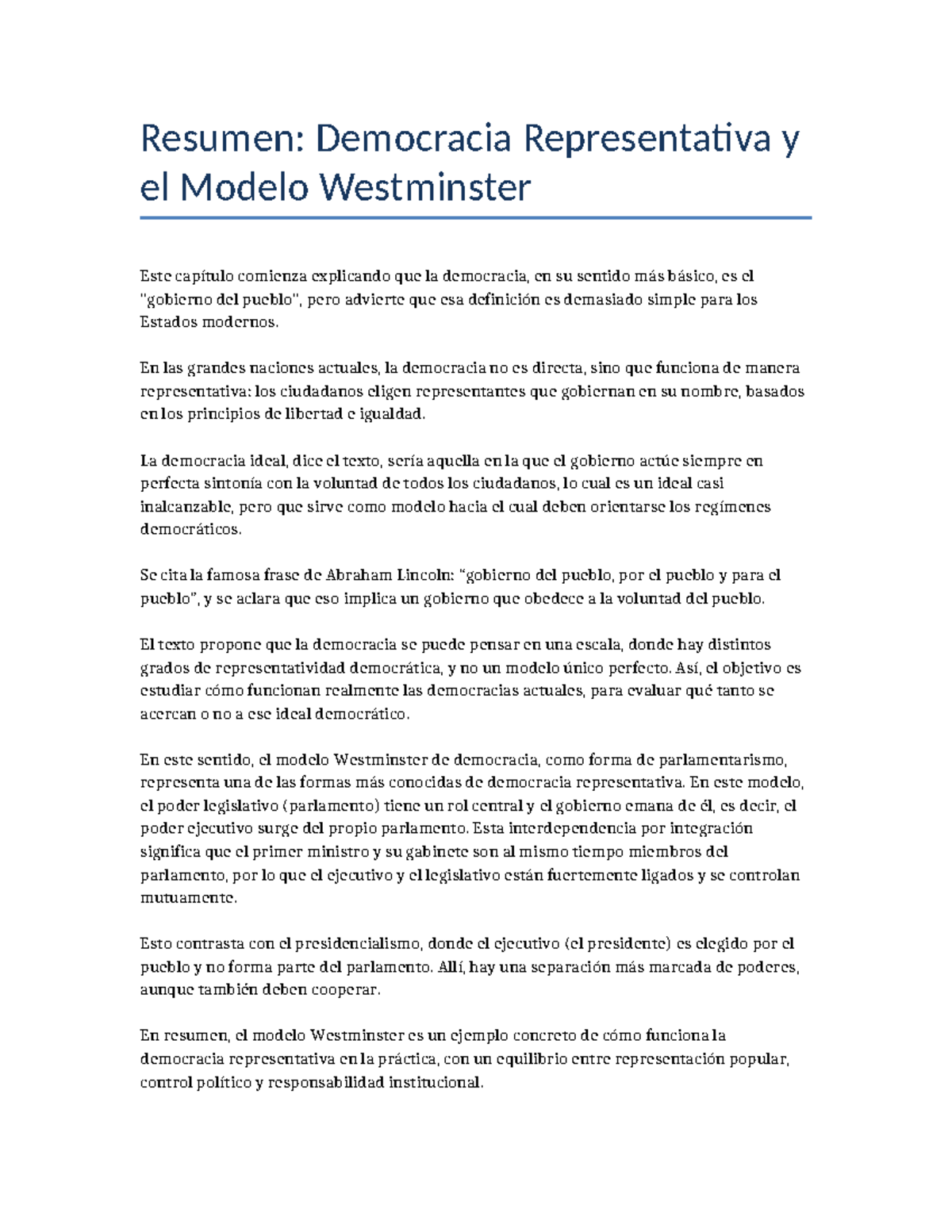 Resumen del modelo Westminster en la democracia representativa - Studocu
