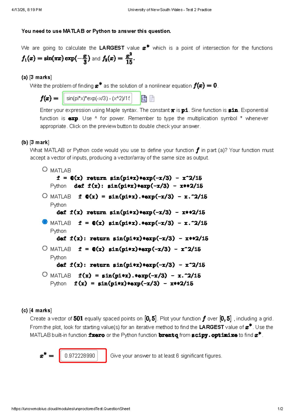 UNSW Test 2 Practice: Finding Largest Intersection Point Using MATLAB ...