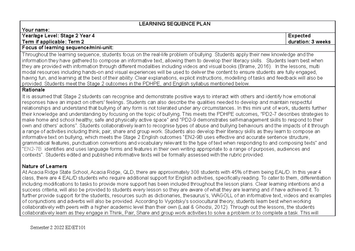 Stage 2 Learning Sequence Plan on Bullying and Literacy Development ...