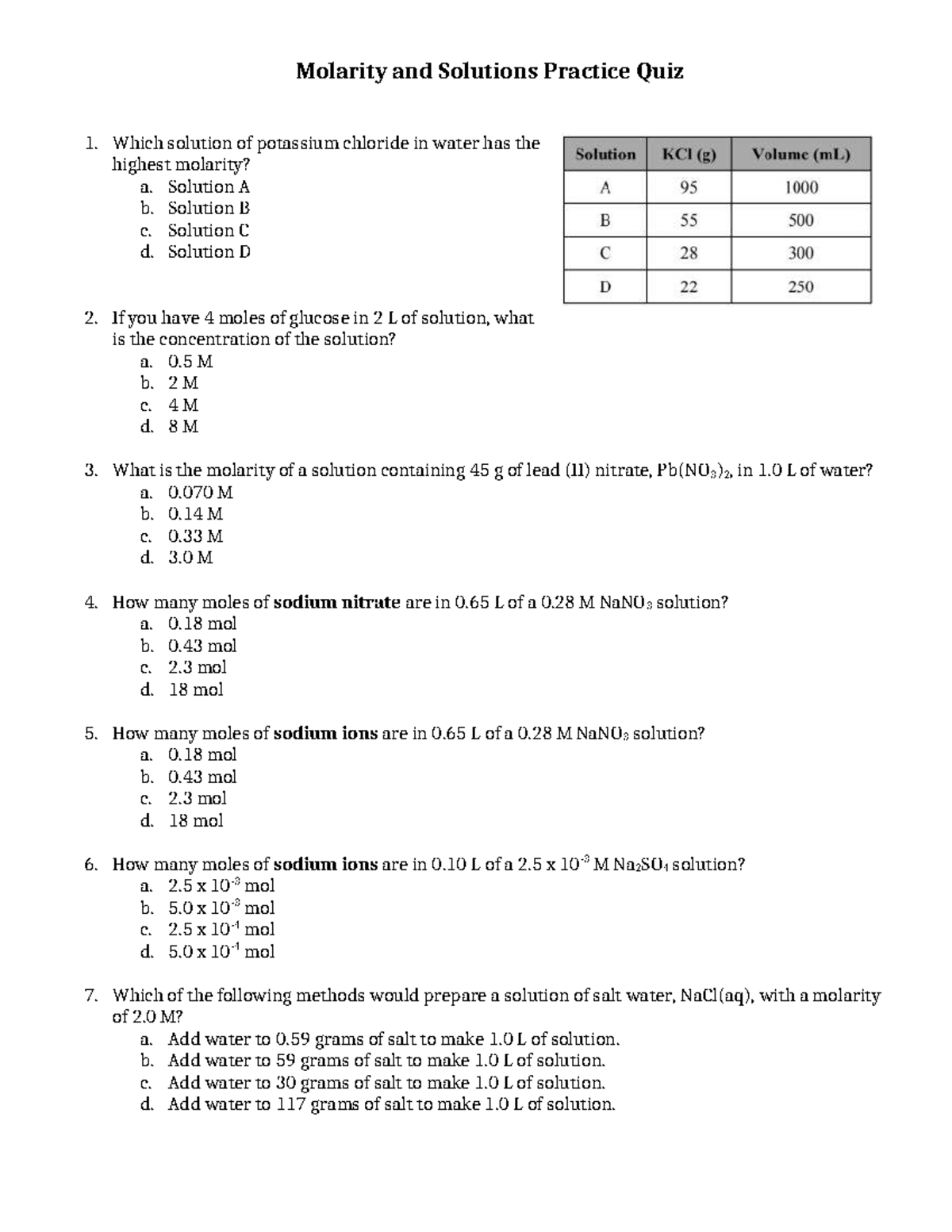 Molarity and Solutions Practice Quiz for Chemistry Course - Molarity ...