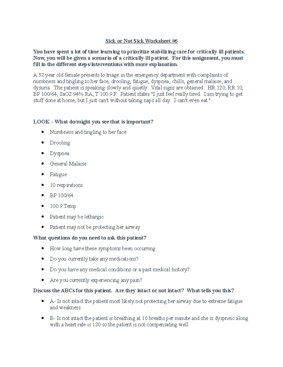 Critical Care Assessment: Sick or Not Sick Worksheet 6 - Studocu