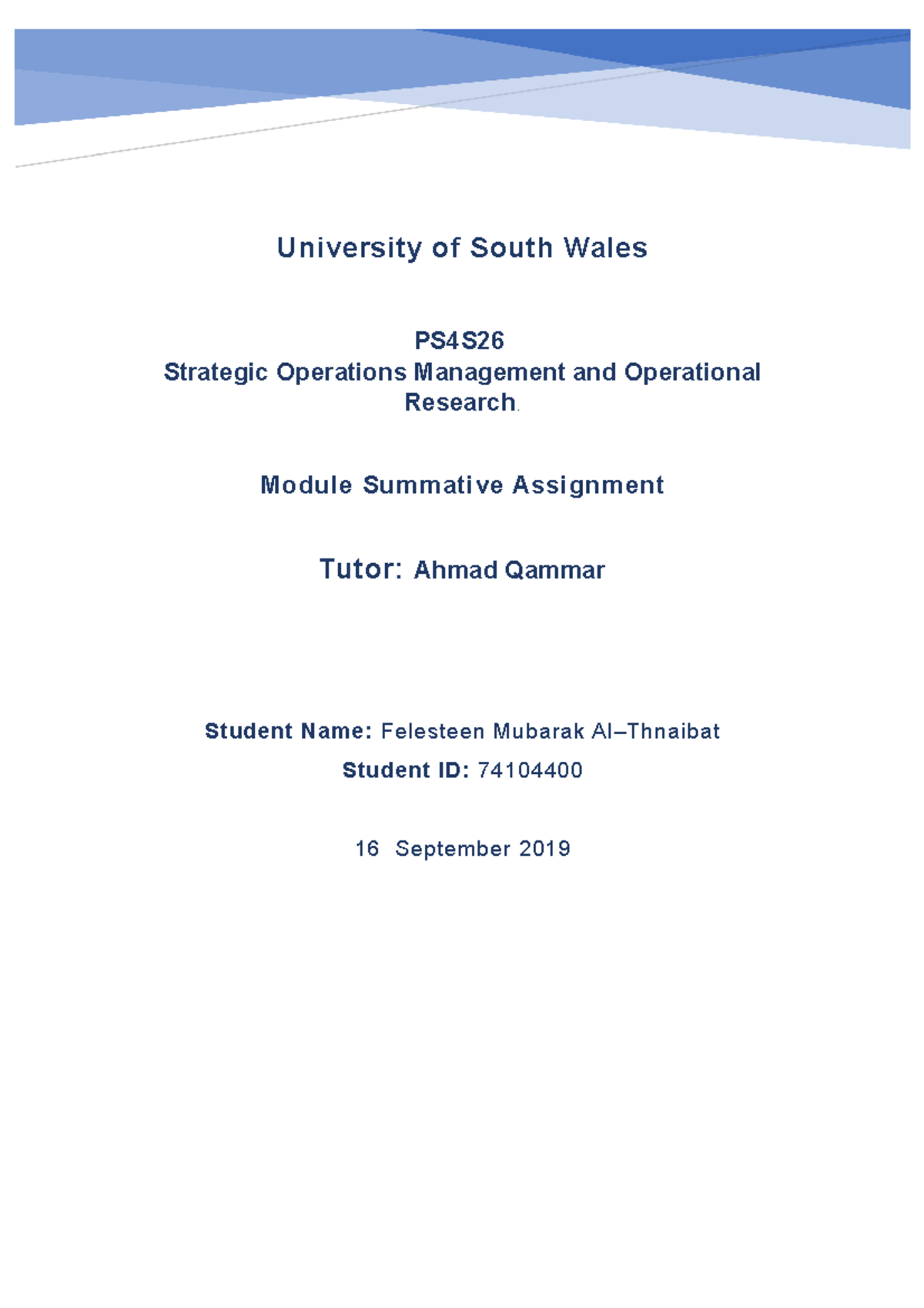 Summative Assessment - Strategic Operations Management and Operational ...