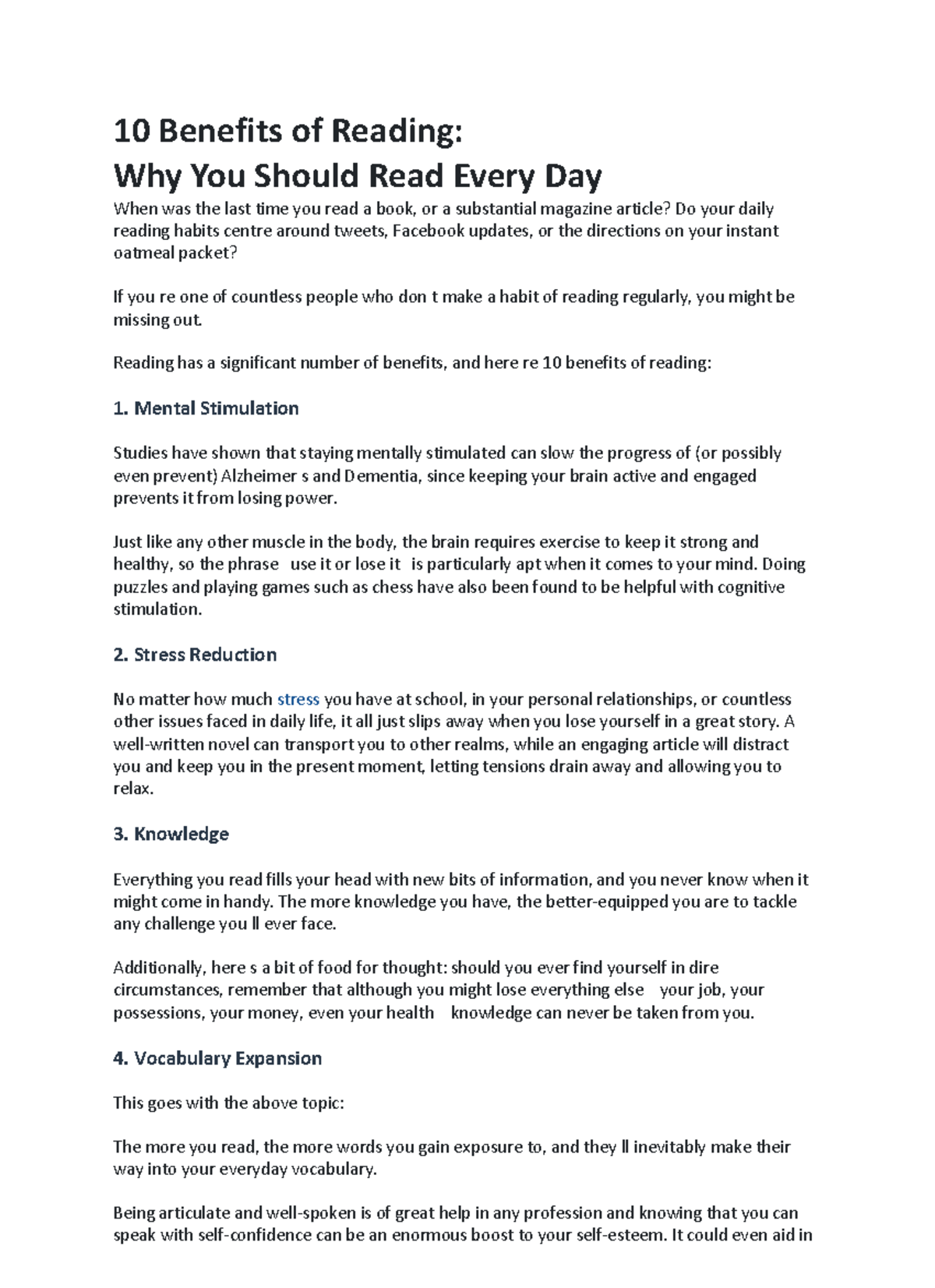 10 Benefits of Reading: English Essay Insights and Advantages - Studocu