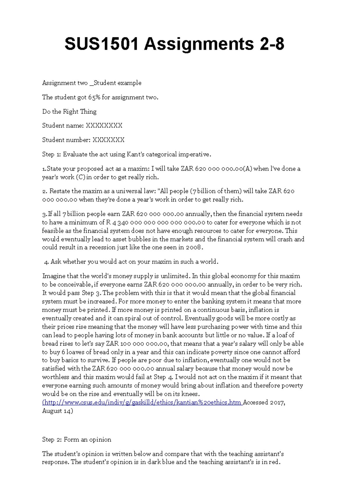 SUS1501 Assignments 2-8: Ethics and Kant's Categorical Imperative ...