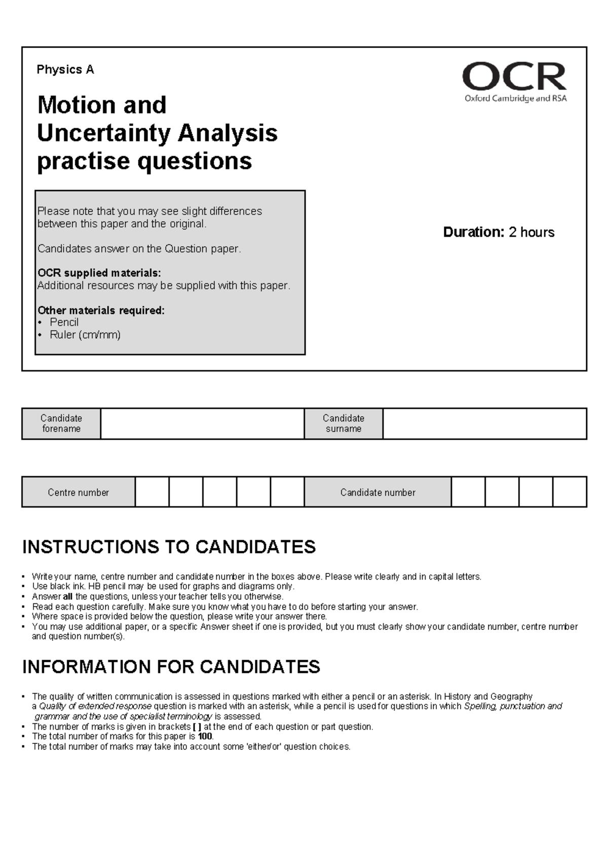 Motion & Uncertainty Analysis Practice Qs & Ans - Physics A Exam Prep ...