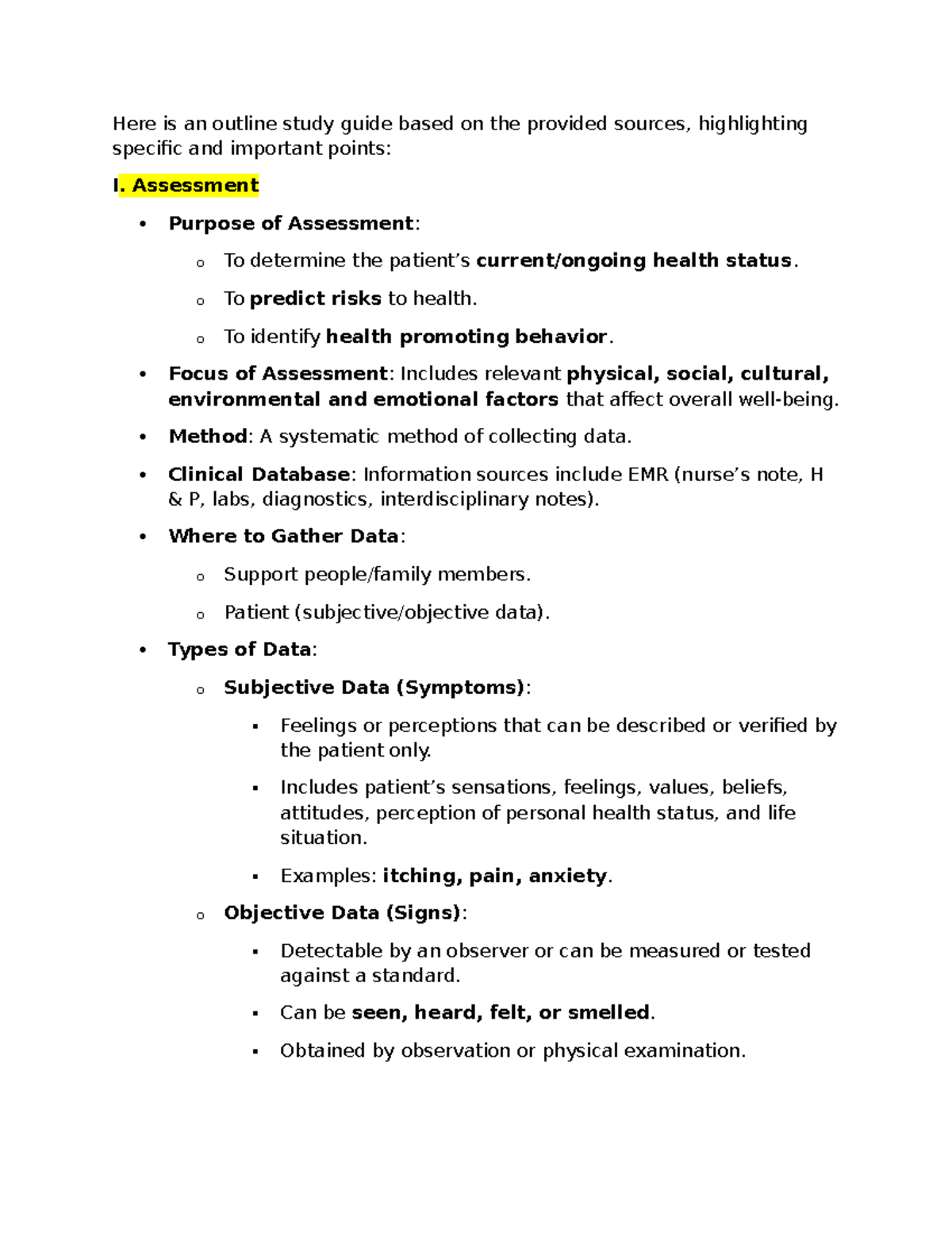 NUR 101: Comprehensive Outline Study Guide on Assessment and Caring ...