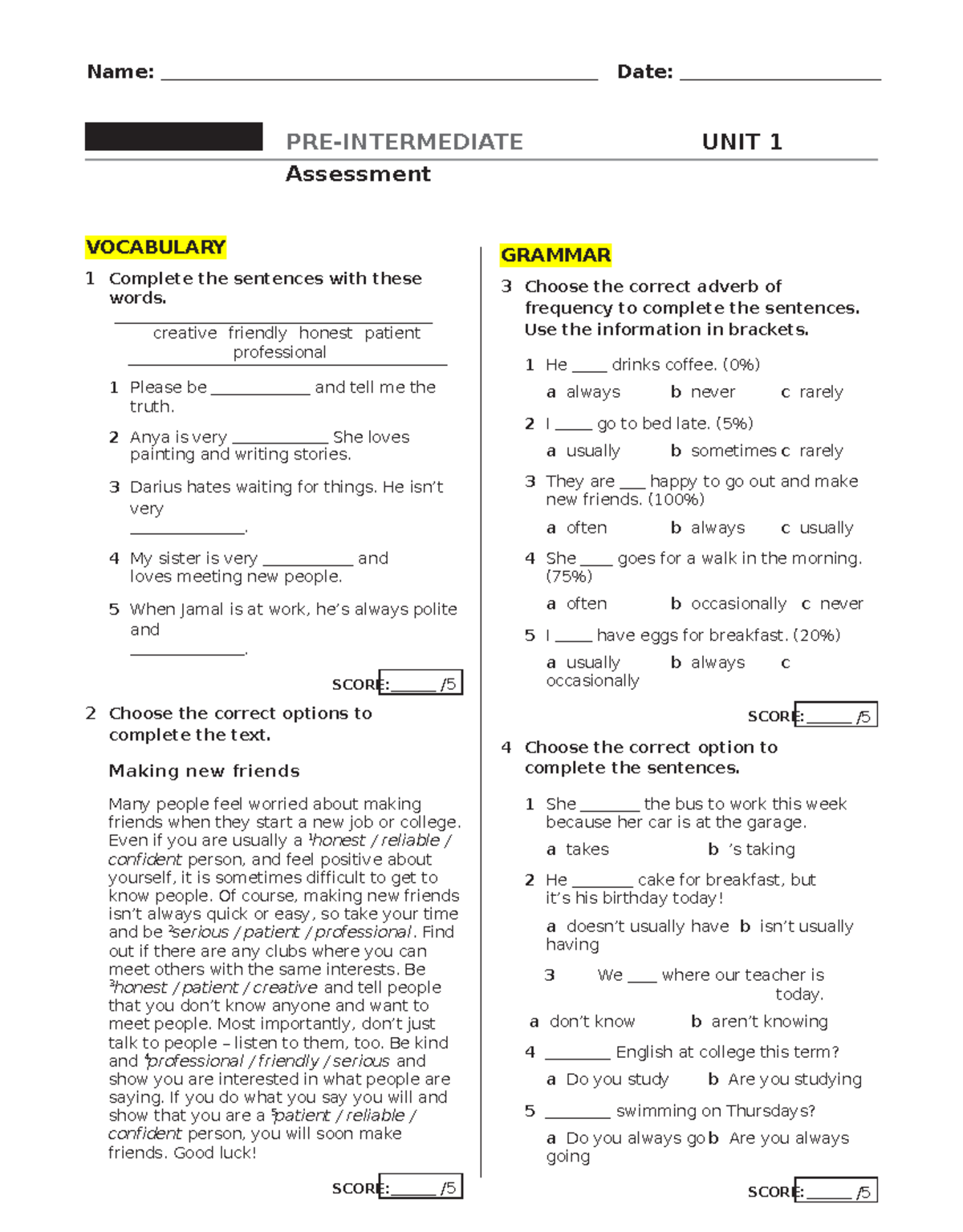 Pre-Intermediate Unit 1 Assessment - TEST-TACB 2 2 - Studocu