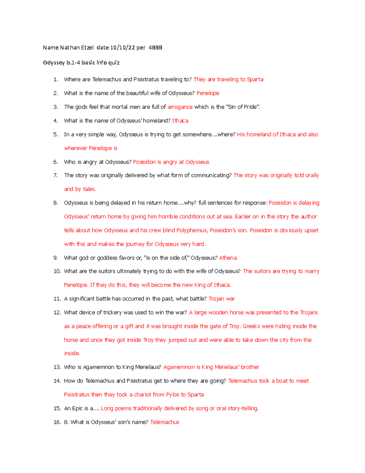 Odyssey Quiz on Books 1-4 (Odyssey b.1-4 Qs) by Nathan Etzel - Studocu