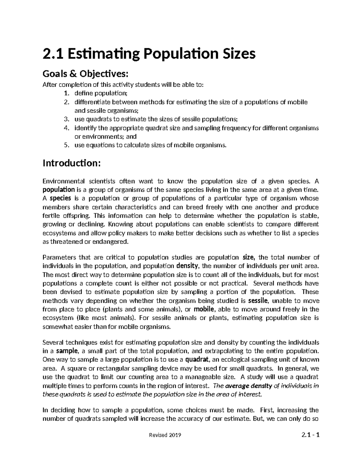 Estimating Population Sizes in Ecology (Course Code: 2.1) Final Exam ...