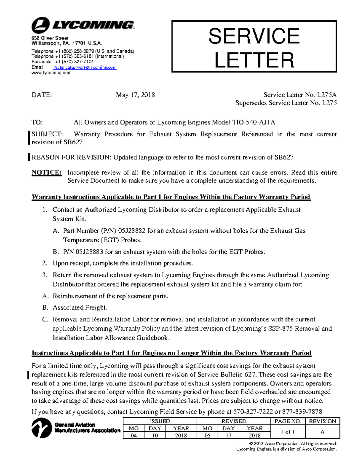 Service Letter L275A: Warranty Procedure for Exhaust System Replacement ...