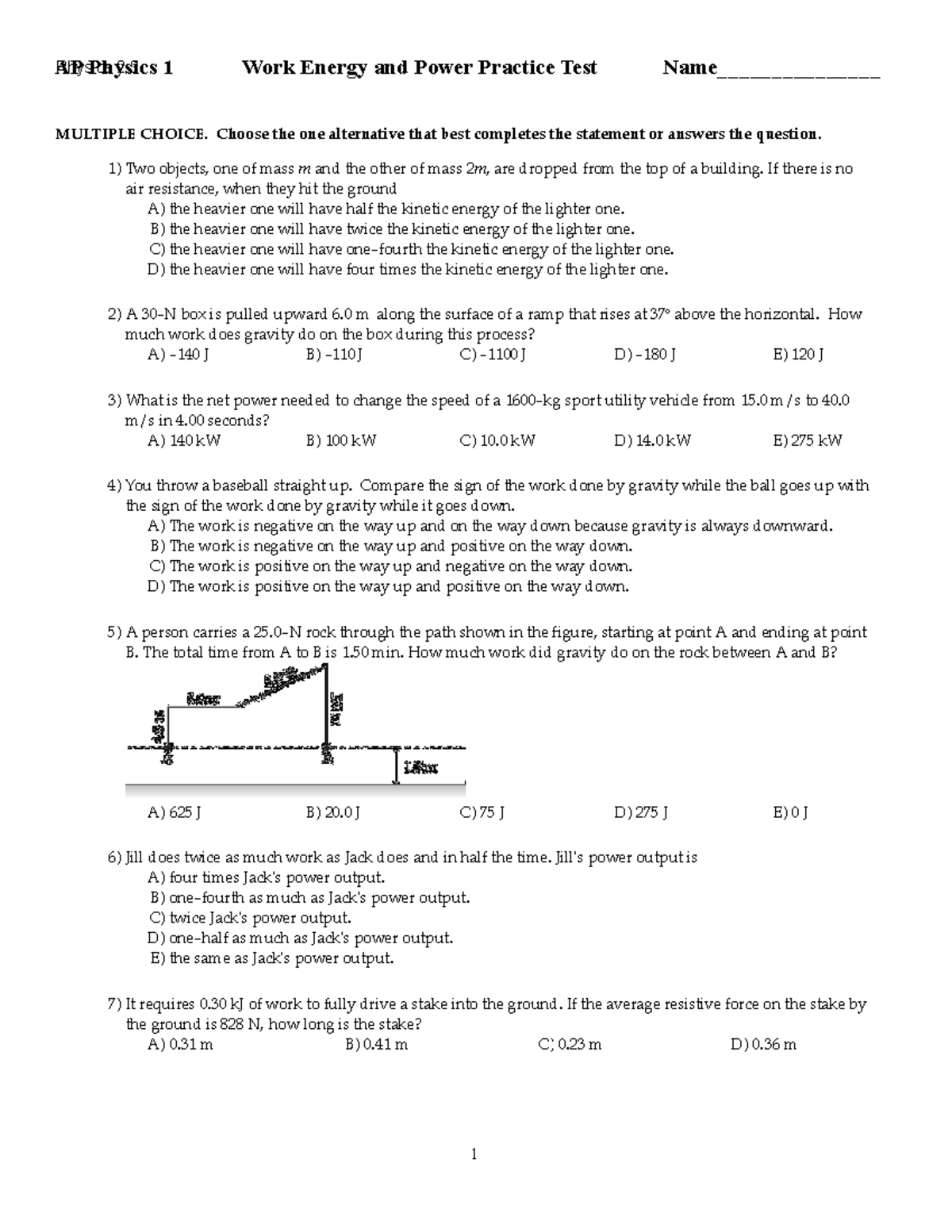 Physics 2.3 1 AP Physics Work, Energy, and Power Practice Test - Studocu