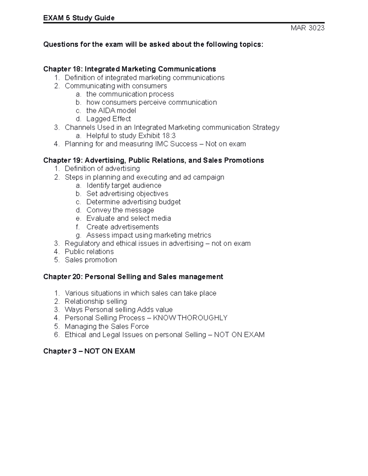 MAR 3023: EXAM 5 Study Guide - Integrated Marketing & Advertising - Studocu