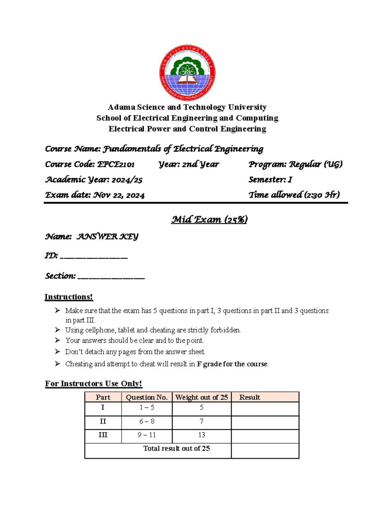 EPCE2101 Mid Exam Answer Key: Fundamentals of Electrical Engineering ...