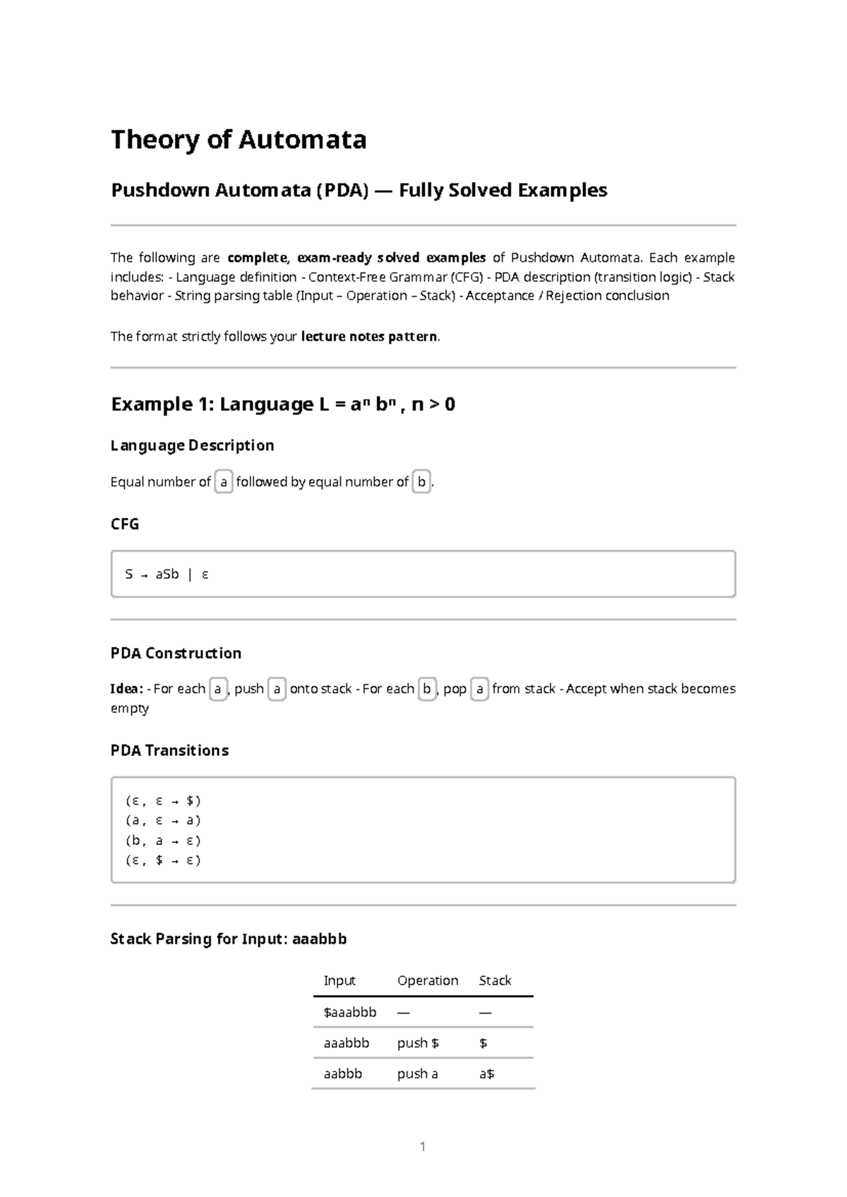 PDA Theory: Complete Solved Examples for Exam Preparation - Studocu