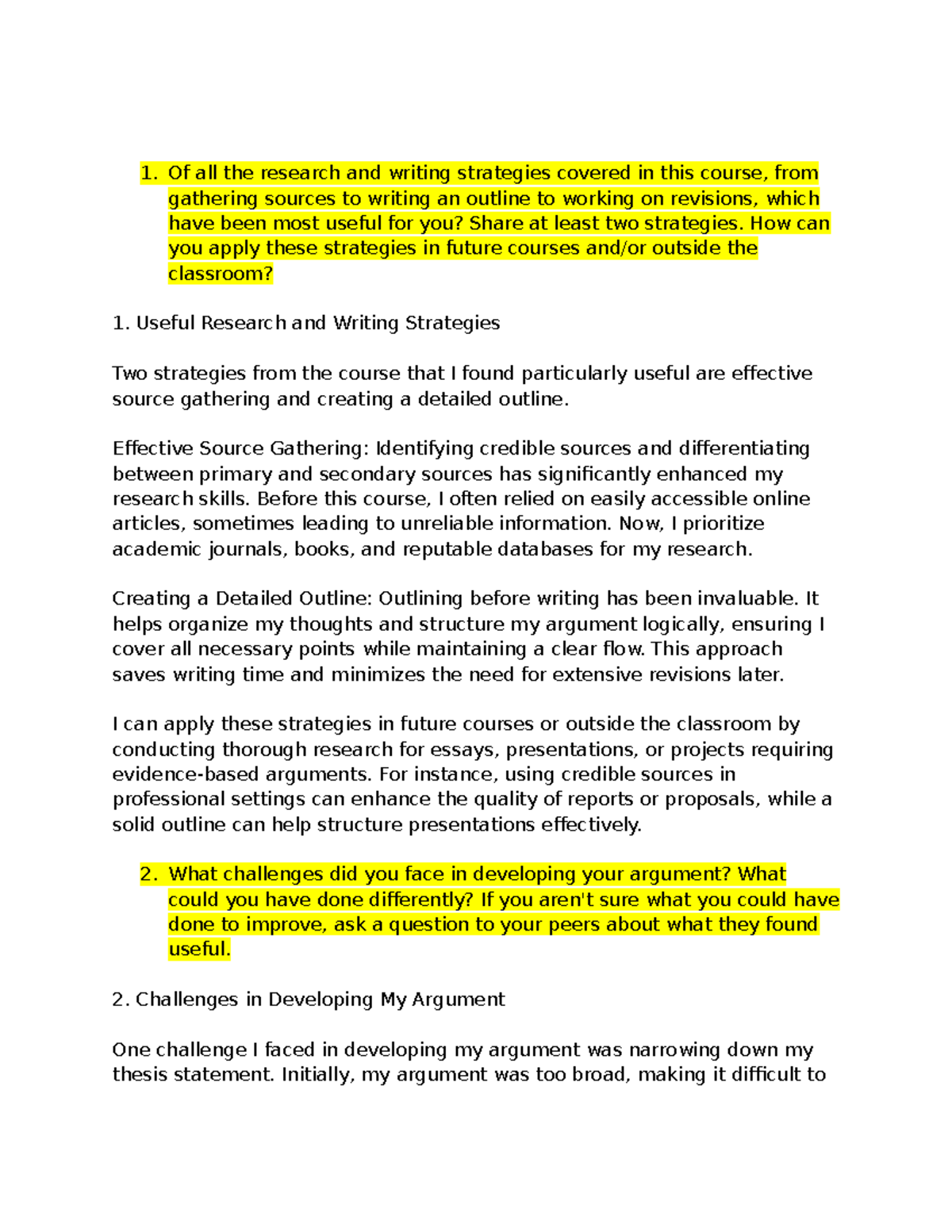 ENG 101 Final Exam Reflection & Packing List on Writing Strategies ...
